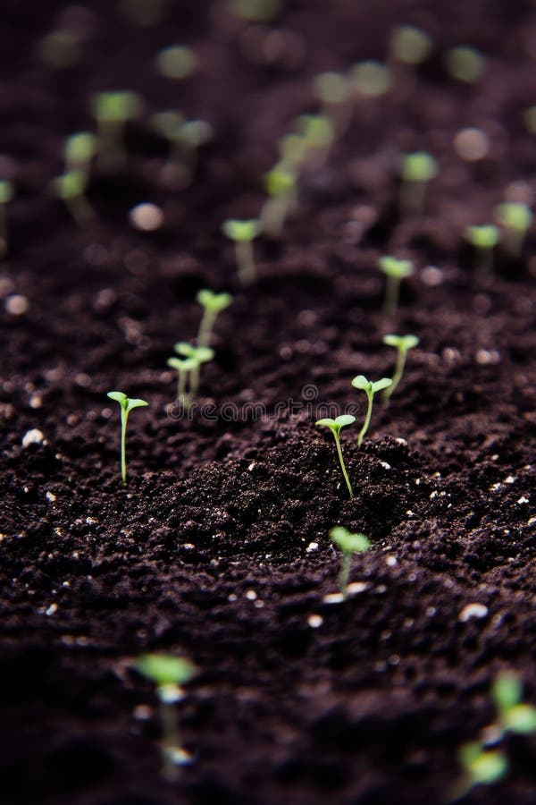 Emerging Green Sprouts in Rich Soil: Close-Up on New Beginnings. Stock ...