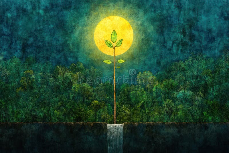 Emerging Hope: a Sprouting Tree in a Lush Forest with Cascading ...