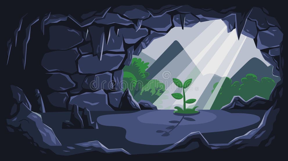 Emerging Life: a Bright Seedling in a Dark Cave Background Stock Vector ...