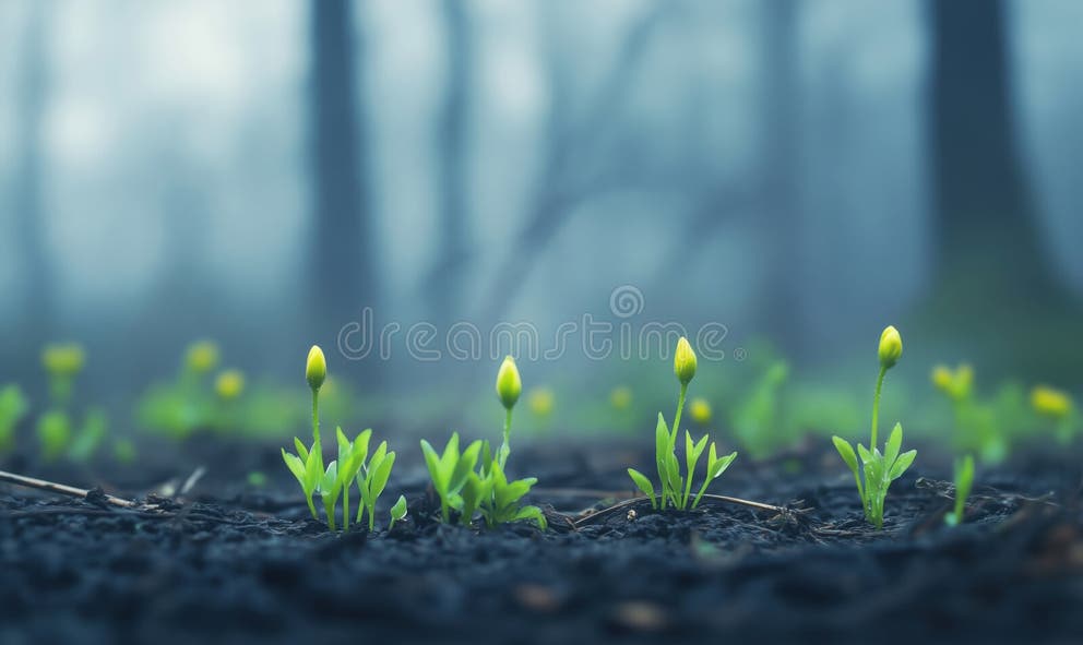Emerging Spring Buds in Misty Forest Setting Showcasing New Life and ...