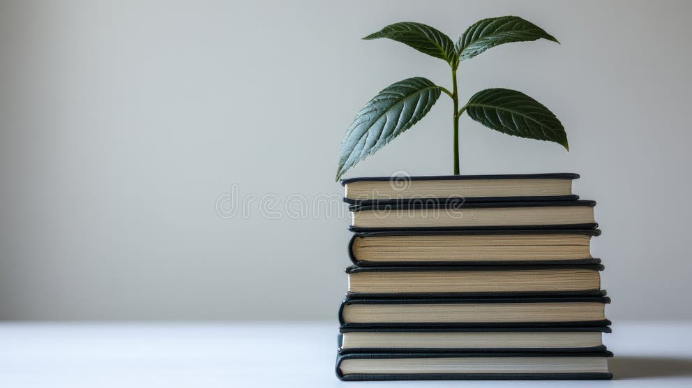 Emerging from a Stack of Books, a Green Leaf Symbolizes Growth and ...