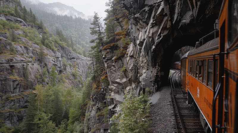 Emerging from the Tunnel the Train Travels Along a Precarious Ledge ...