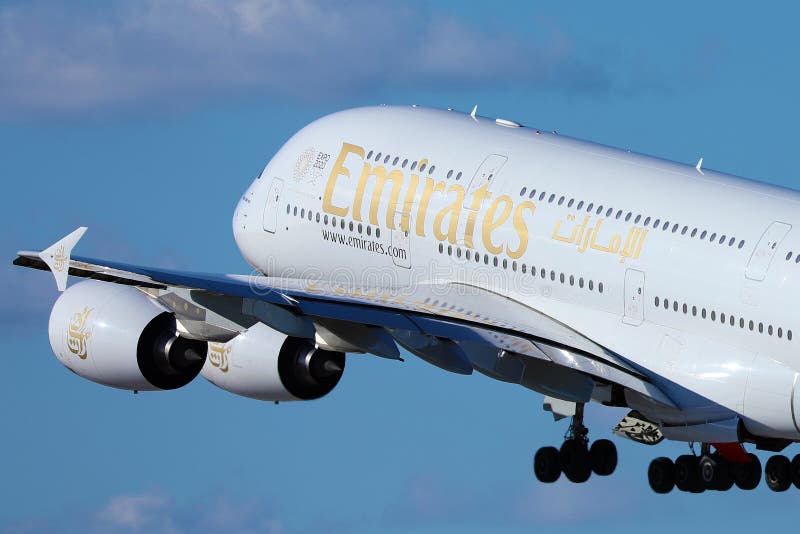 Emirates A380 Plane Taking Off from Runway, Close-up View Editorial ...