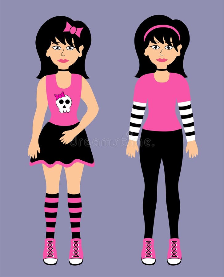Cartoon Two Teenage Girls Emo. Young Women with Black Hair Wearing Mini ...
