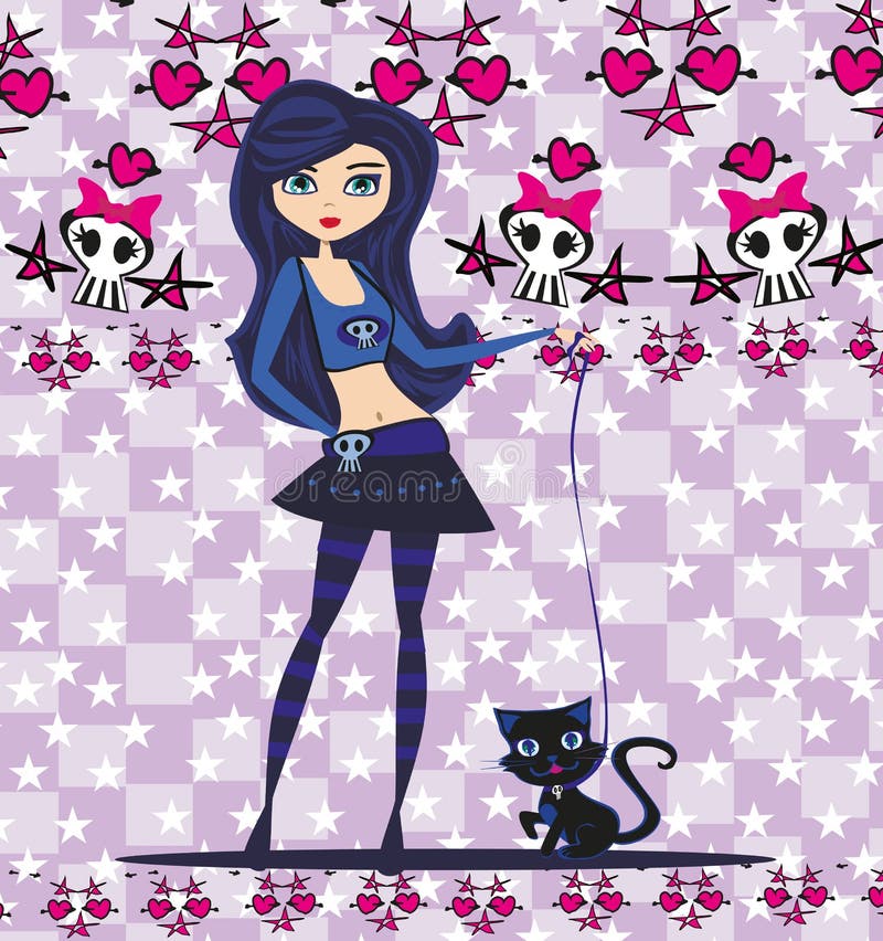 Emo girl and her cat. stock vector. Illustration of romantic - 98613579