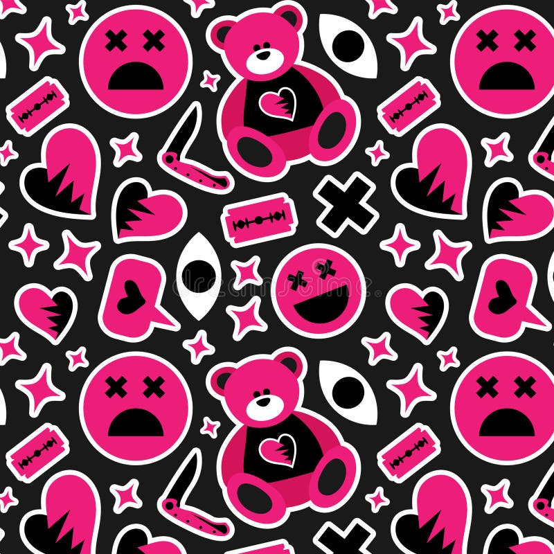 Emo Pattern. Vector Illustration with Hearts, Stars, Eyes, Teddy and ...