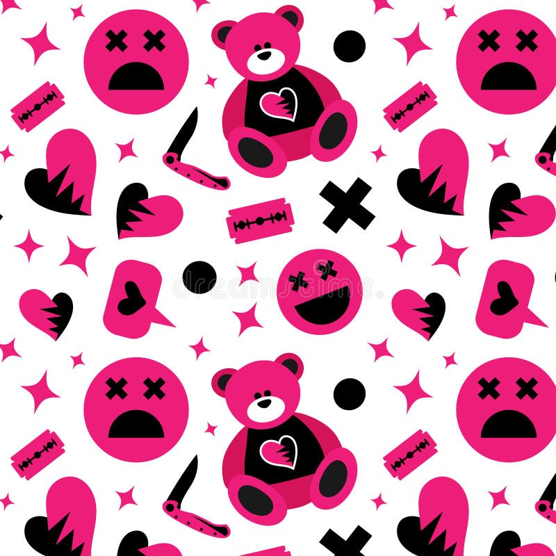 Emo Pattern. Vector Illustration with Hearts, Stars, Eyes, Teddy and ...