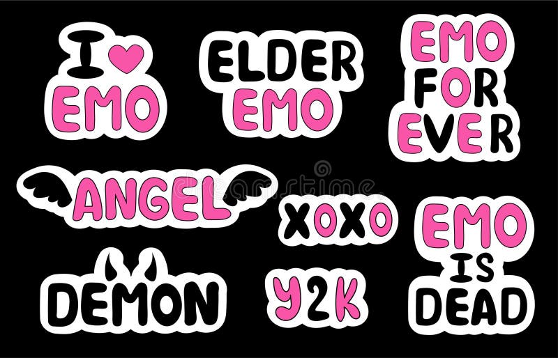 Set of Emo Stickers. Y2k Style. Lettering. Angel and Demon. Elder Emo ...