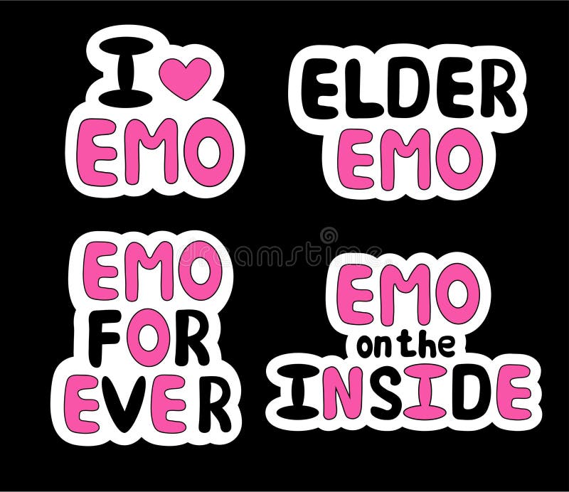 Set of Emo Stickers. Y2k Style. Lettering. Black and Pink. Vector Flat ...