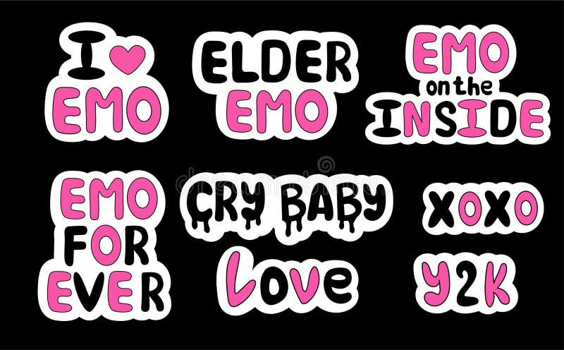 Set of Emo Stickers. Y2k Style. Lettering. Cry Baby. Elder Emo. Black ...