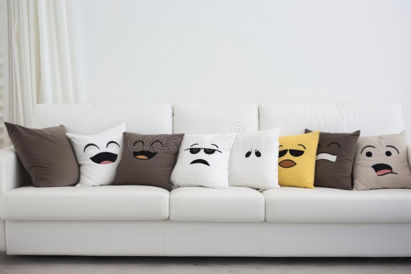 Emoji Cushions Arrayed on a Minimalist White Couch Stock Image - Image ...