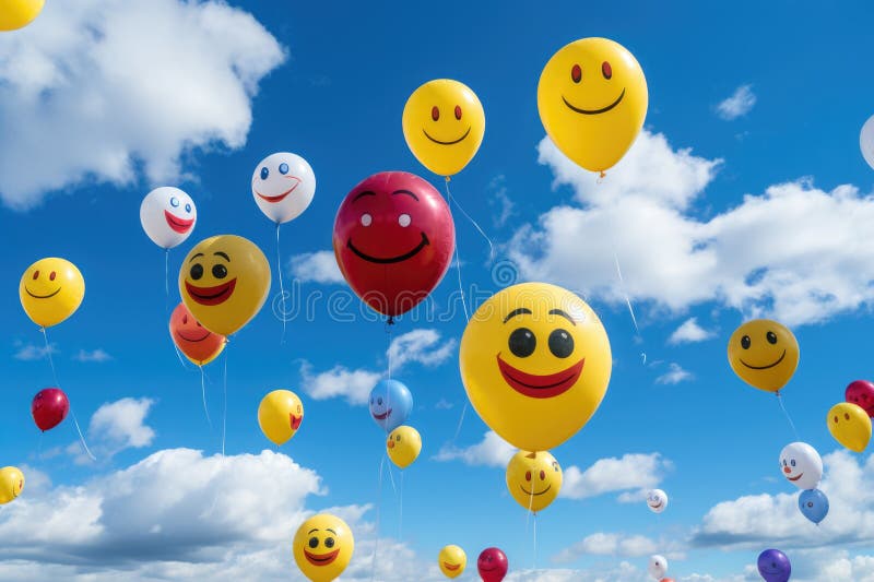 Emoji Faces Drawn on Colorful Balloons Floating in the Sky Stock Photo ...