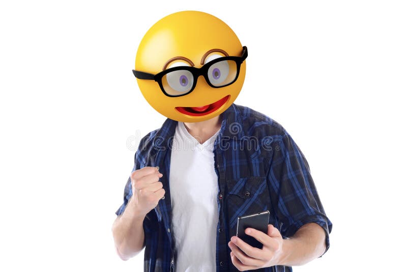 Emoji-Kopfmann Aufgeregt Mit Smartphone Stockbild - Bild von zelle ...