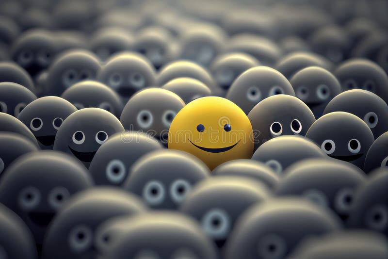 Emoji Smile in the Middle of Grey Crowd. Individuality Concept ...