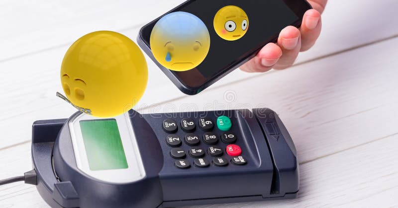 Emojis Flying Over Mobile Phone during NFC Payment Stock Illustration ...
