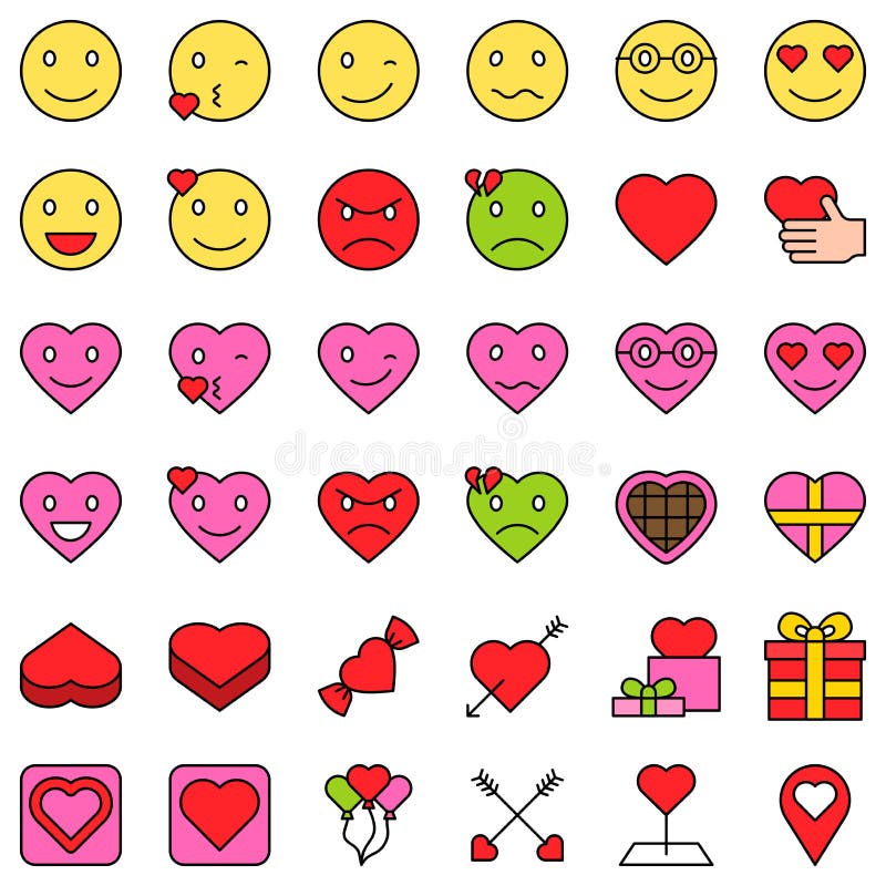 Emoticon and Love Related Vector Icon Set, Filled Style Icon Stock ...