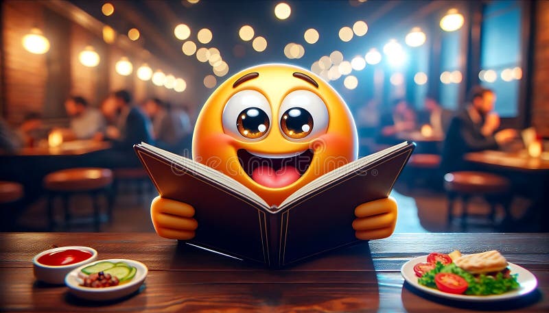 Emoticon at a Restaurant Table with an Open Menu Stock Illustration ...