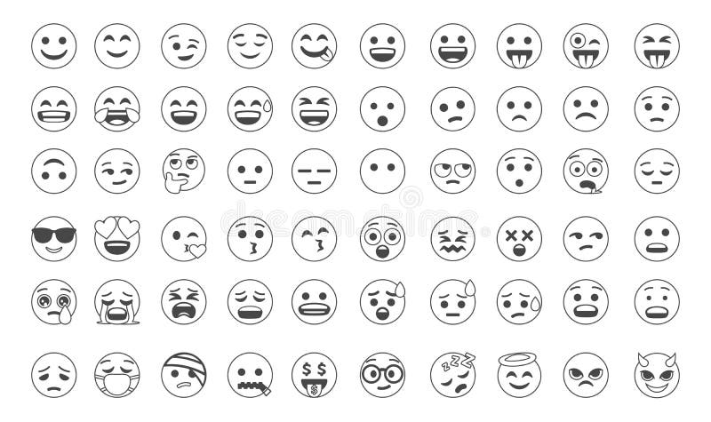 Emoticons Big Set. Faces Collection Flat Style. Line Smiley Face ...