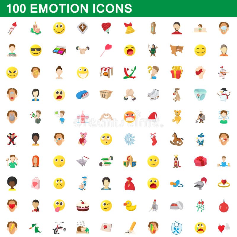 100 Emotion Icons Set, Cartoon Style Stock Vector - Illustration of ...