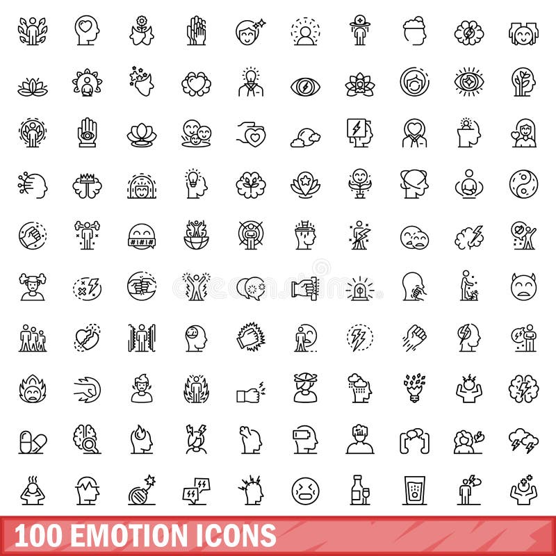 100 Emotion Icons Set, Outline Style Stock Vector - Illustration of ...