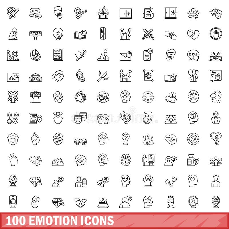 100 Emotion Icons Set, Outline Style Stock Vector - Illustration of ...