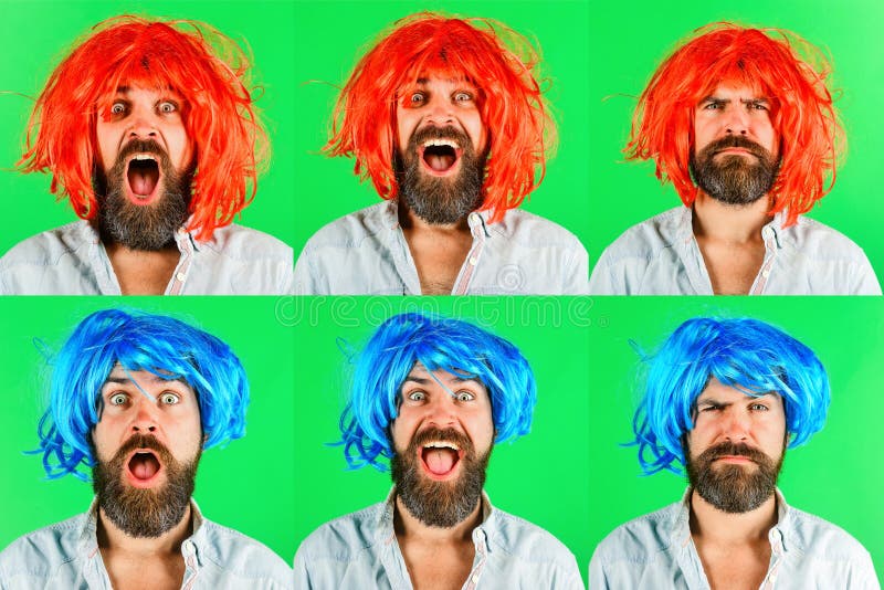 Emotion Set of Bearded Man in Color Wig. Different Emotions Collage ...