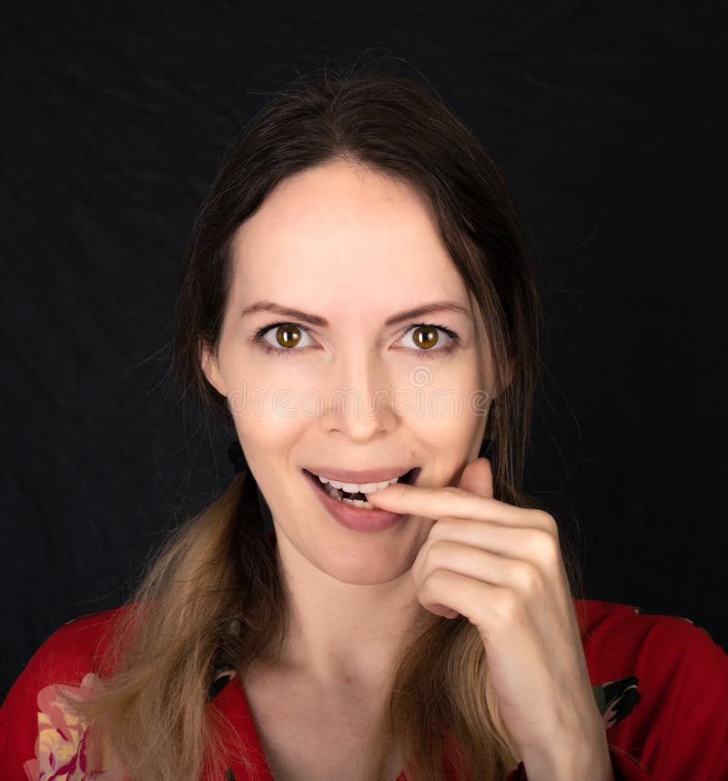 Emotion Closed Woman Face With Facial Expressions Over Black