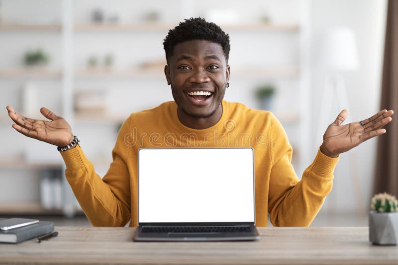 Emotional Black Guy Using Laptop with Empty Screen Stock Photo - Image ...