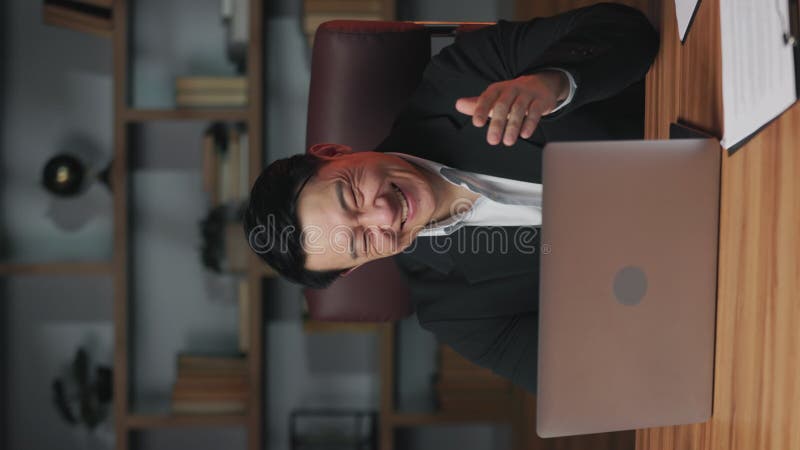 Emotional Ceo Laughing Behind Computer Screen during Break Stock ...