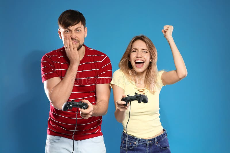 Emotional Couple Playing Video Games with Controllers Isolated Stock ...
