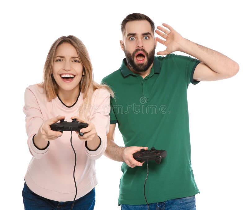 Emotional Couple Playing Video Games with Controllers Isolated Stock ...