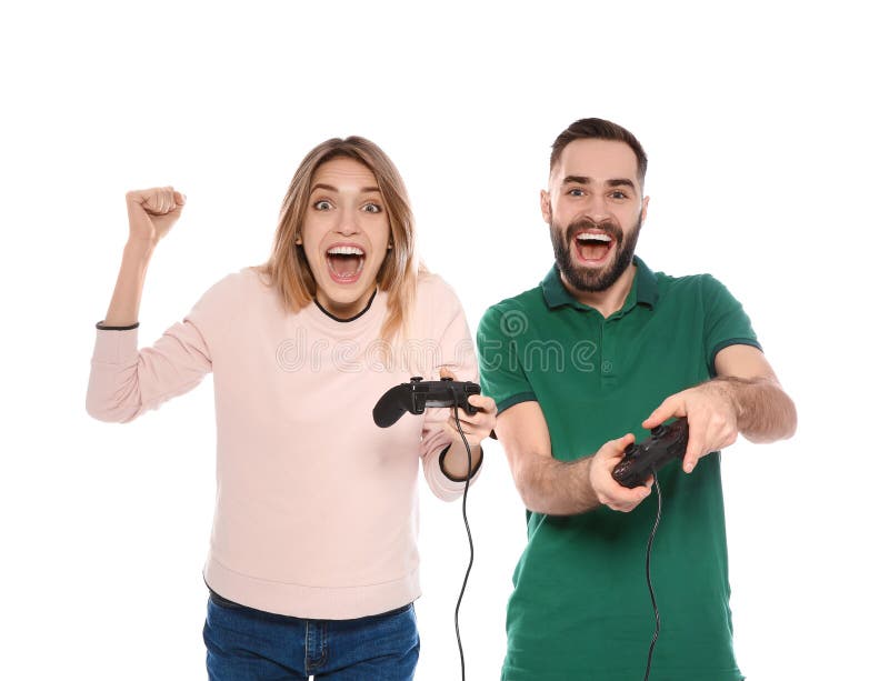 Emotional Couple Playing Video Games with Controllers Isolated on Stock ...