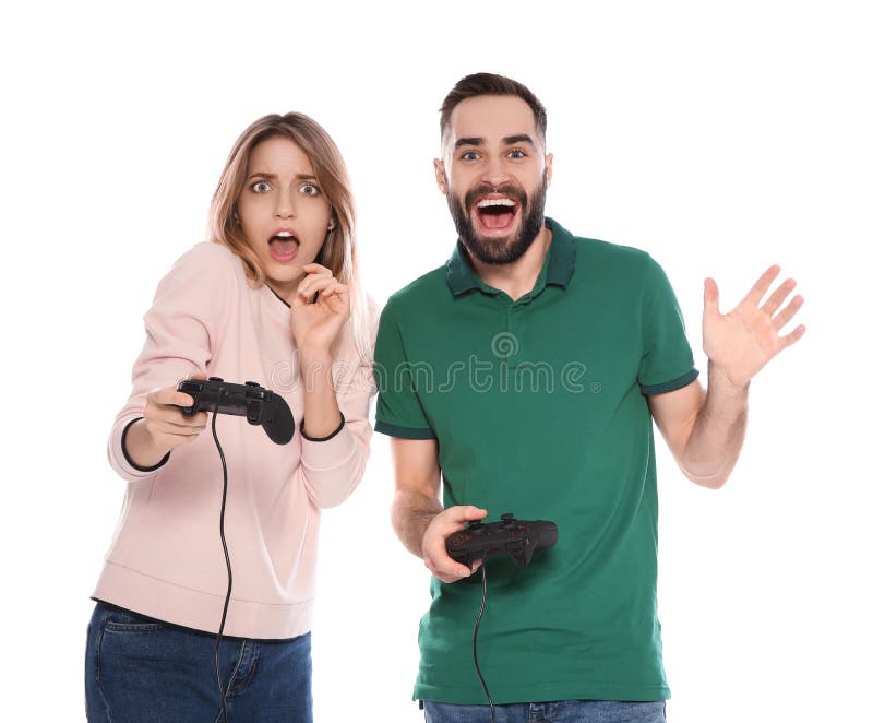 Emotional Couple Playing Video Games with Controllers Stock Photo ...