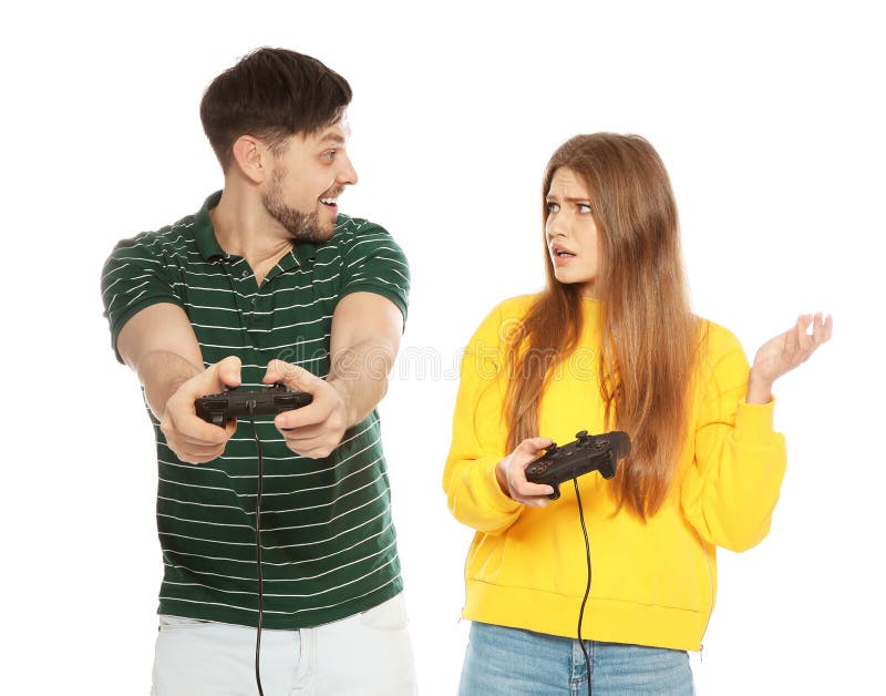 Emotional Couple Playing Video Games with Controllers Stock Photo ...