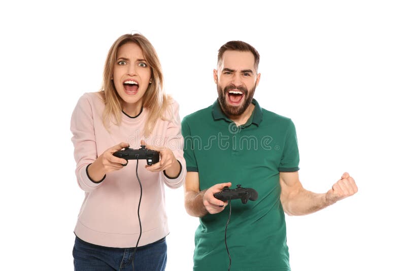 Emotional Couple Playing Video Games with Controllers Stock Image ...