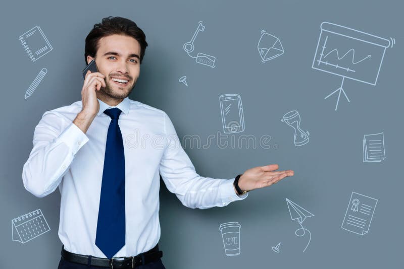 Happy Web Developer Touching a Round Hologram on the Screen and Smiling ...