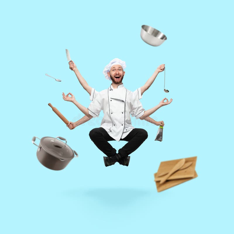 Happy Handsome Multi-armed Cooker Levitating Isolated on Blue Studio ...