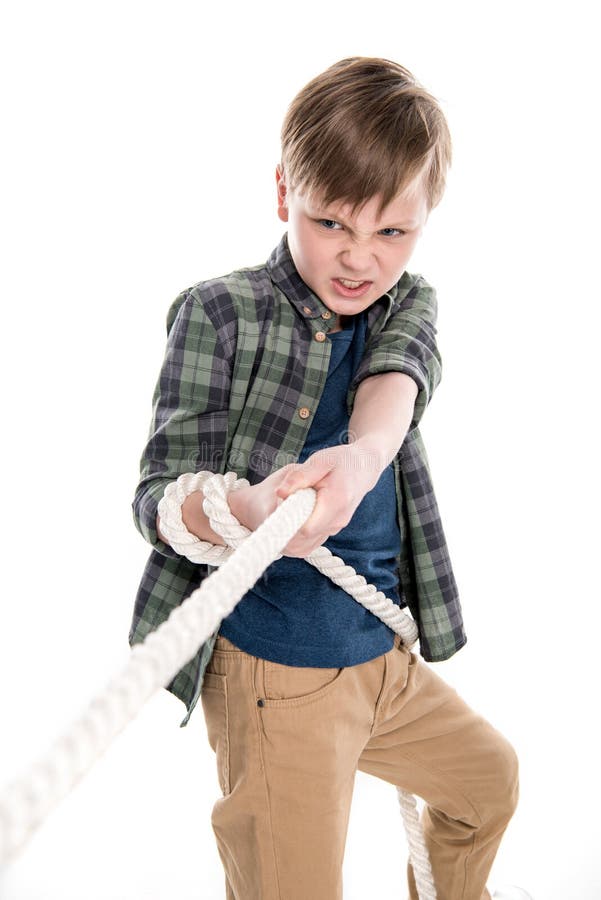 Emotional Little Boy Pulling Rope Stock Photo - Image of problems ...