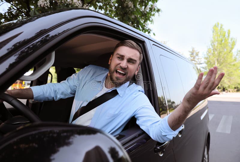 Emotional Man in Car. Aggressive Driving Stock Photo - Image of ...