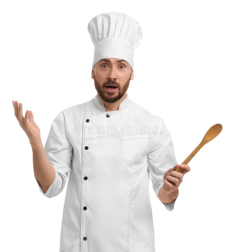 Emotional Mature Male Chef with Spoon on White Background Stock Photo ...