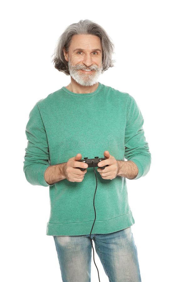 Emotional Mature Man Playing Video Games with Controller Isolated Stock ...