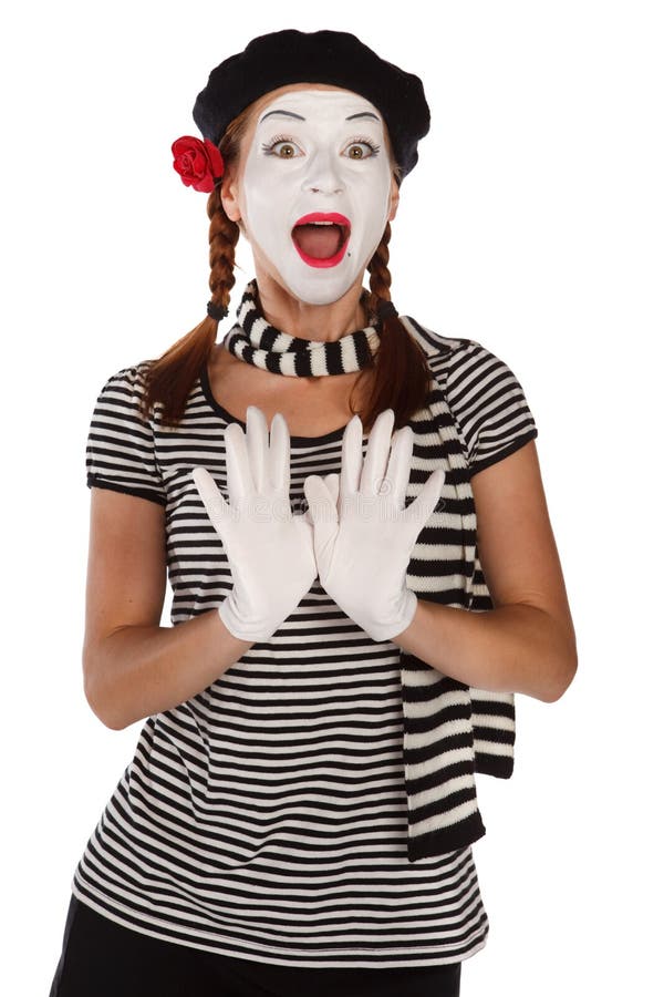 Female Clown Mime Looks Up in White Face Stock Image - Image of gloves ...