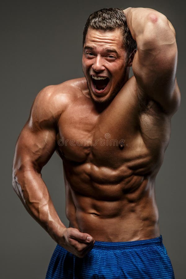 Screaming Bodybuilder Flexing Arm. Shirtless Excited Muscular Healthy ...
