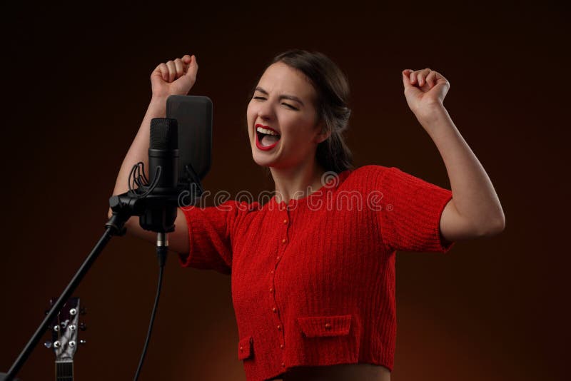 Emotional Performance of the Song in Front of the Microphone Stock ...
