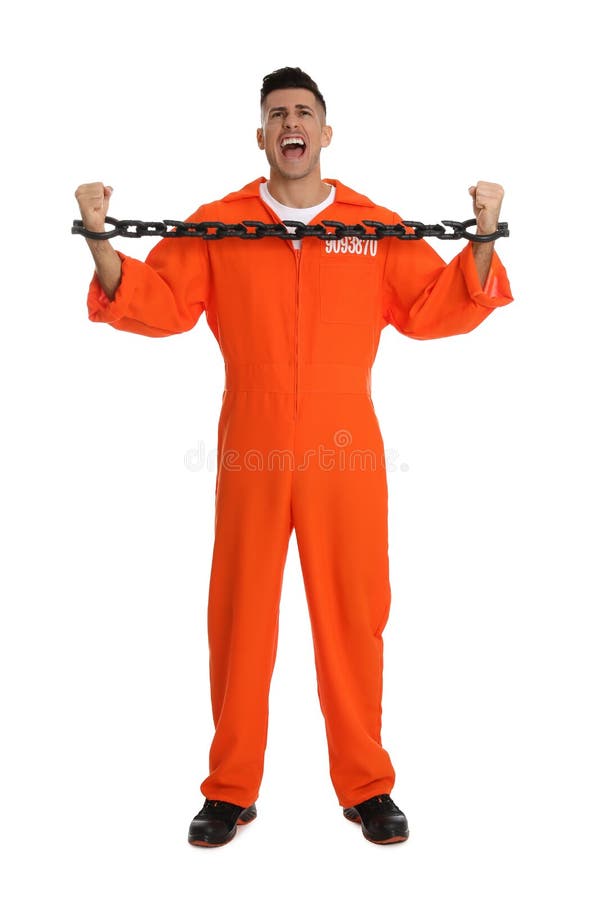 Emotional Prisoner in Orange Jumpsuit with Chained Hands on White ...