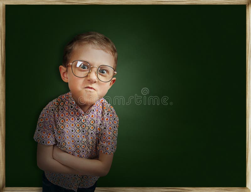 Emotional Pupil Boy Near Chalkboard Stock Image - Image of classroom ...