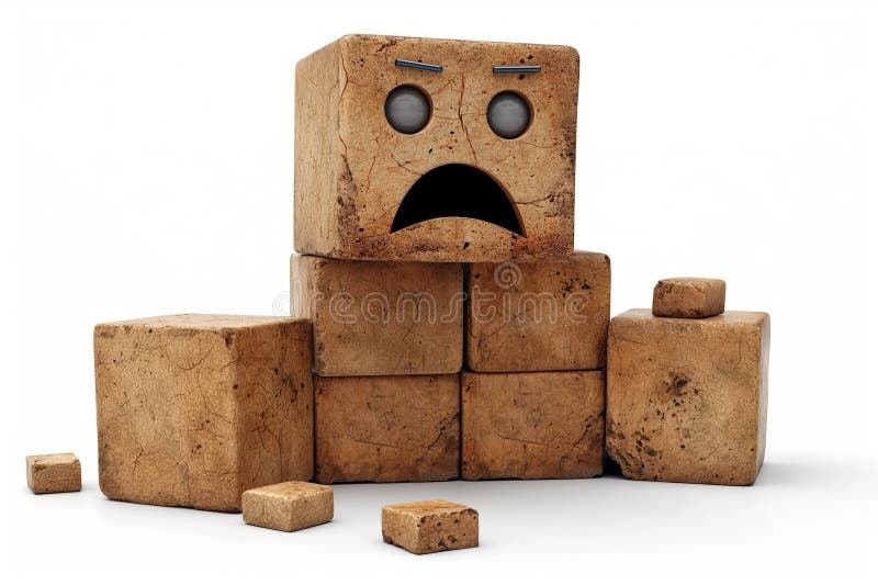 Sad Cube Character Made of Brown Blocks Stock Photo - Image of design ...