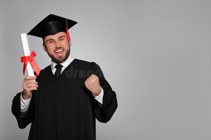 Emotional Student with Graduation Hat and Diploma on Grey Background ...