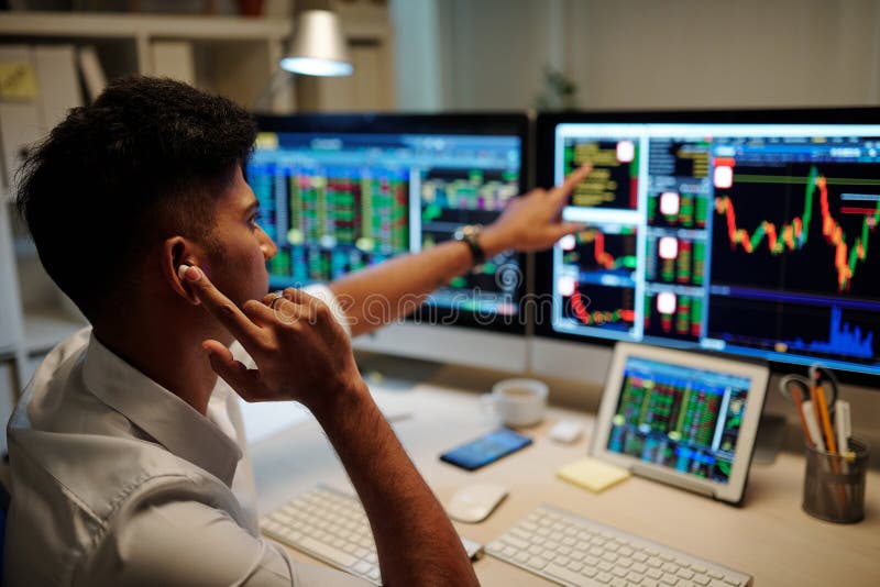 Trader Pointing at Stock Chart Stock Photo - Image of males, money ...