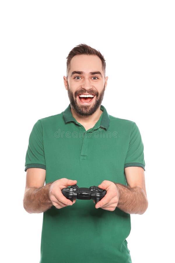 Emotional Young Man Playing Video Games with Controller Isolated Stock ...